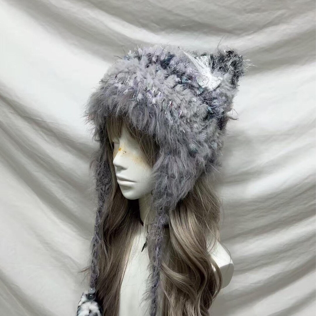 Misty Gray Cat Ear Crochet Hood: Winter Hat, Leopard Pom Poms and Lace ...