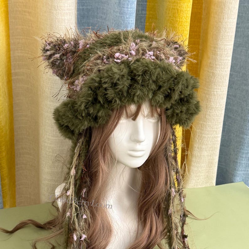 Handmade Crochet Green Furry Ear Hat: Mori Kei Cottagecore Beanie ...