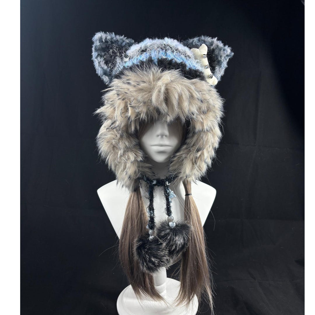 Jungle Blue Fox Ears Hood: Fluffy Faux Fur Animal Men's Hat, Yarn ...