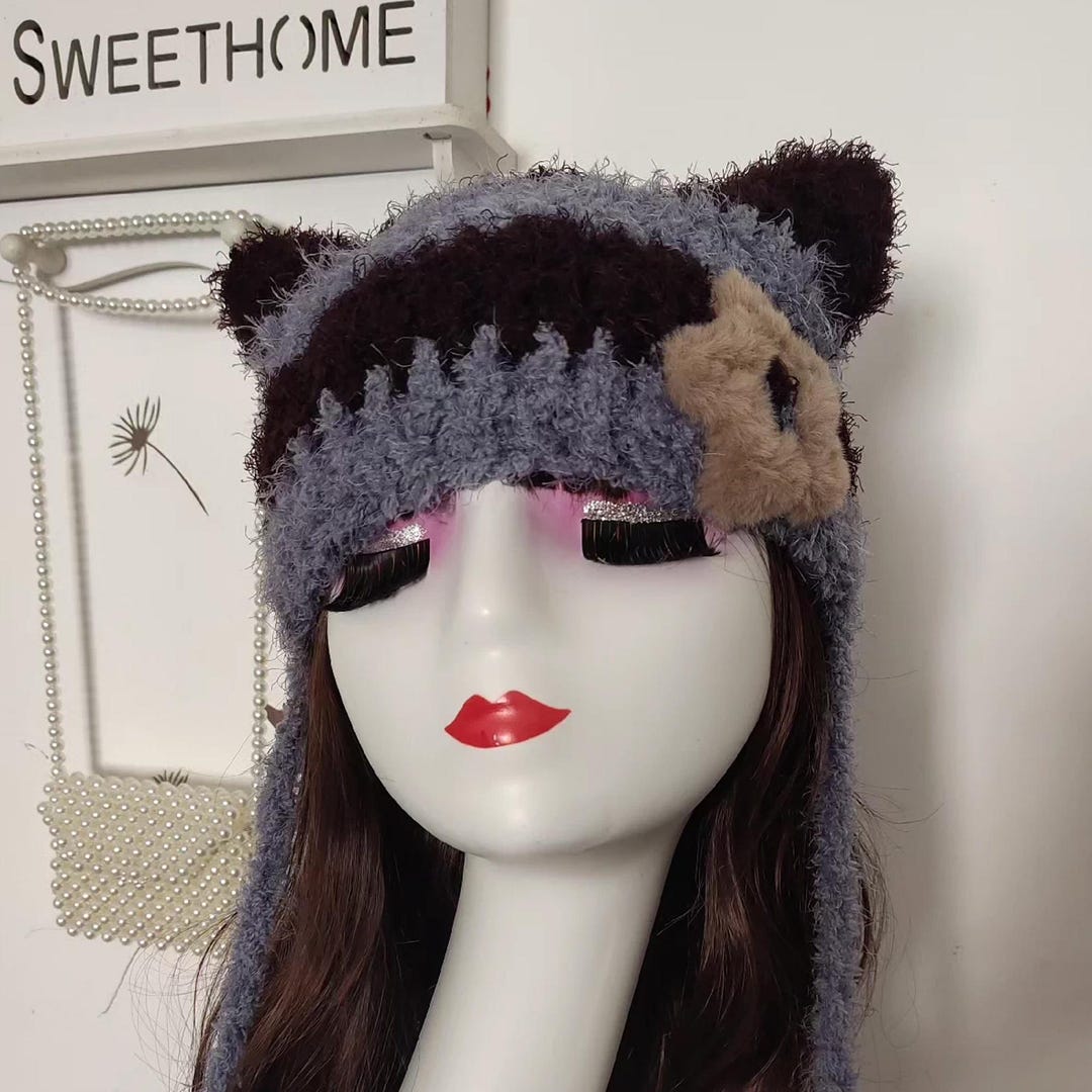 Handmade Cat Ear Hat With Star Pom Poms: Blue Black Winter Beanie, Ear ...