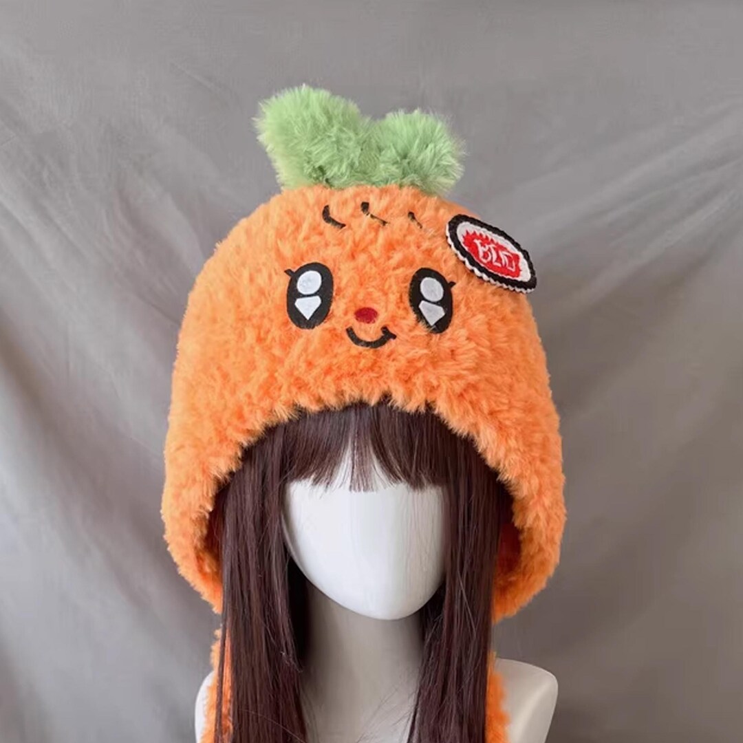 Handmade Carrot Plush Hat: Kawaii Orange Fuzzy Beanie, Green Leaf - Etsy