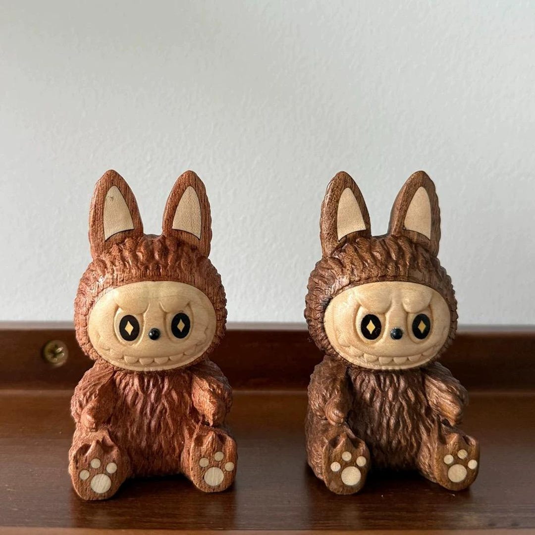 Handcrafted Solid Wood Labubu Figurine,solid Wood Carved Labubu Statue ...