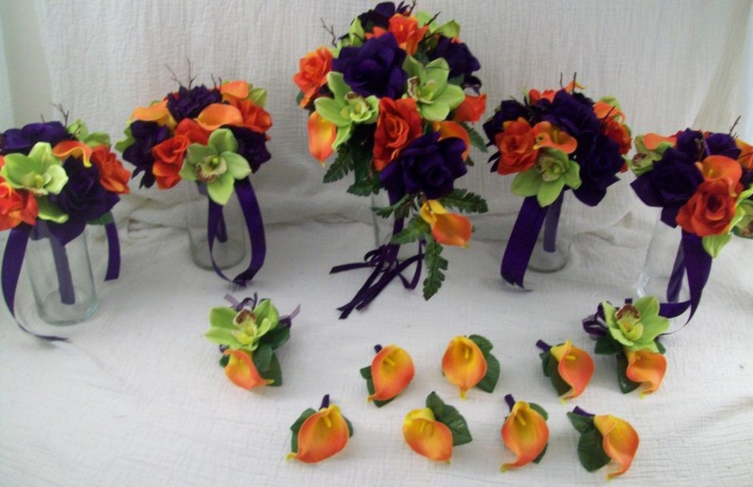 Purple and Orange Tear Drop Bridal Bouquet Orange Purple Green Silk ...