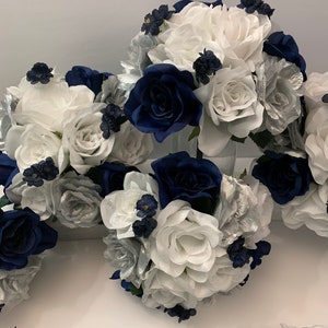 Navy Blue and Silver Wedding Flower Bouquet Blue Bridal Bouquet Wedding ...