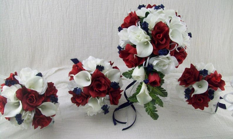 Red Wedding Bouquet - Navy Bridal Bouquet - Cascade Bouquet - Calla ...