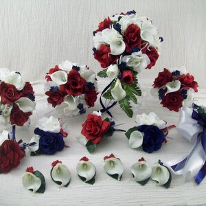 Red Wedding Bouquet - Navy Bridal Bouquet - Cascade Bouquet - Calla ...