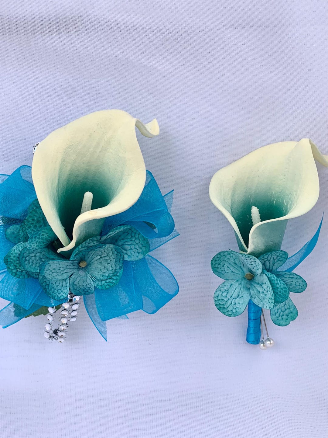 Prom Corsage Blue Wrist Corsage and Boutonniere Set Turquoise Silver ...