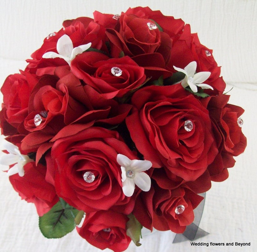 Red Rose Bridal Bouquet-silk Red and Black Bridal Bouquet-red Rose ...