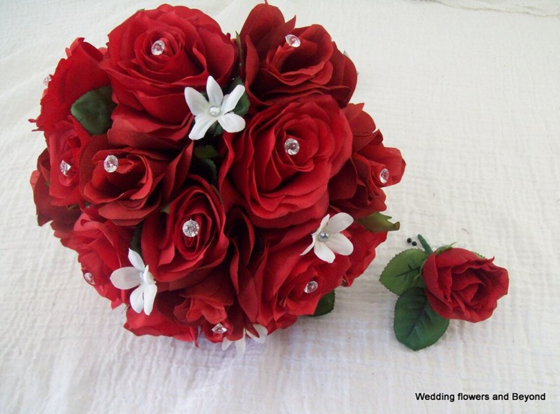 Red Rose Bridal Bouquet-silk Red and Black Bridal Bouquet-red - Etsy