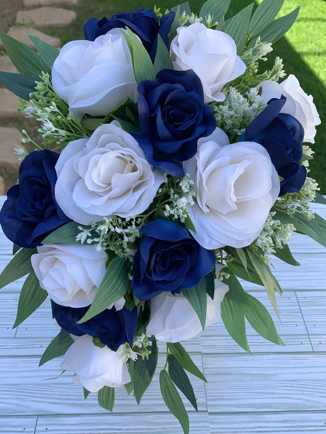 Navy Floral Bouquet Cascade Navy Wedding Flower Bouquet Eucalyptus ...