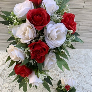 Red Cascade Bridal Bouquet Set Red Wedding Flower Red Rose Bouquet ...