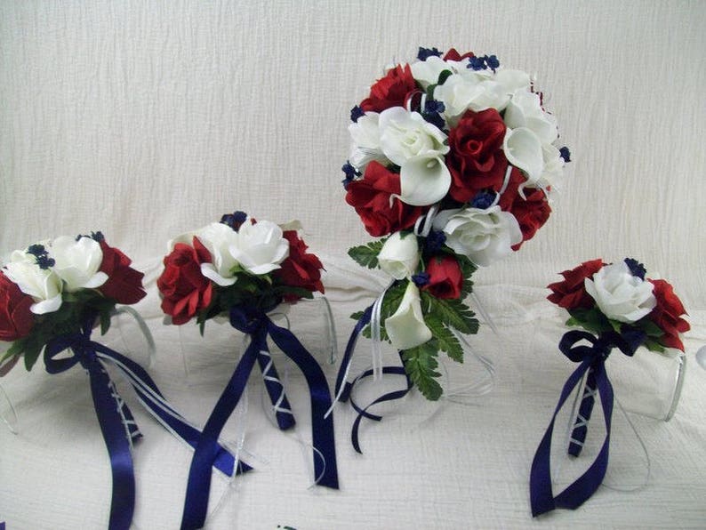 Red Wedding Bouquet - Navy Bridal Bouquet - Cascade Bouquet - Calla ...
