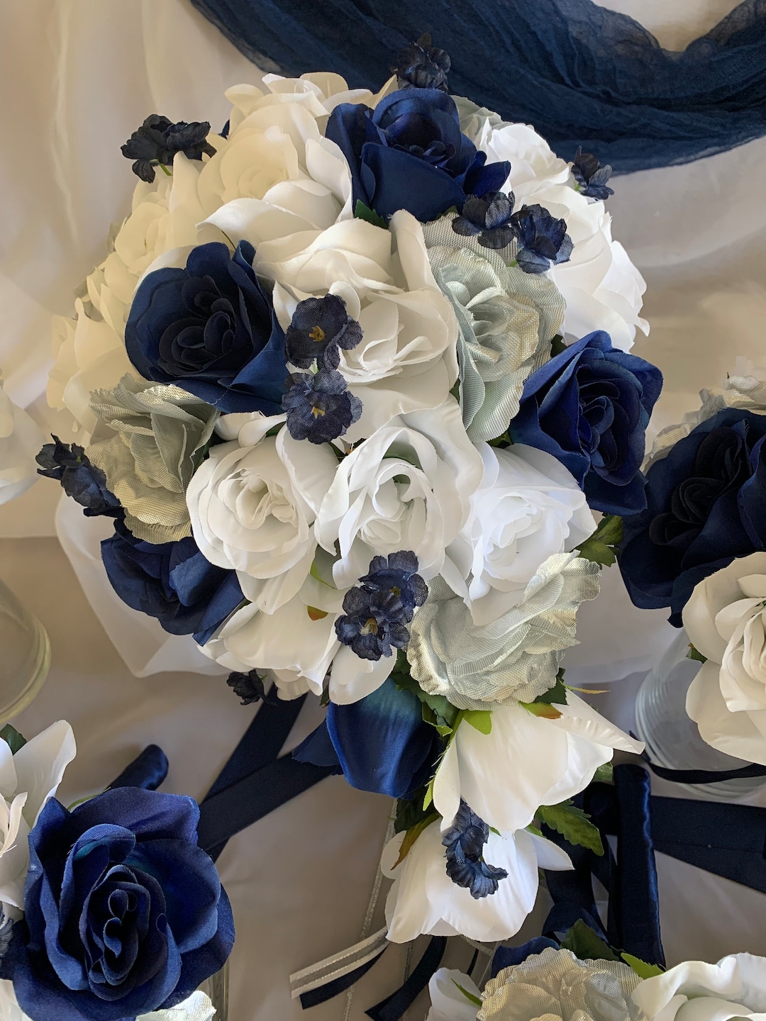 Navy Blue and Silver Wedding Flower Bouquet Blue Bridal Bouquet Wedding ...