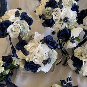 Navy Blue and Silver Wedding Flower Bouquet Blue Bridal Bouquet Wedding ...