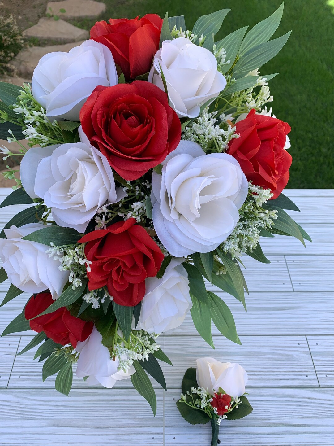 Red Cascade Bridal Bouquet Set Red Wedding Flower Red Rose Bouquet ...