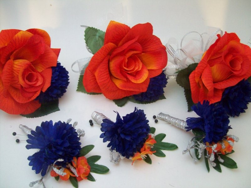 Navy Blue and Orange Boutonnieres and Corsages 6 Pieces - Etsy