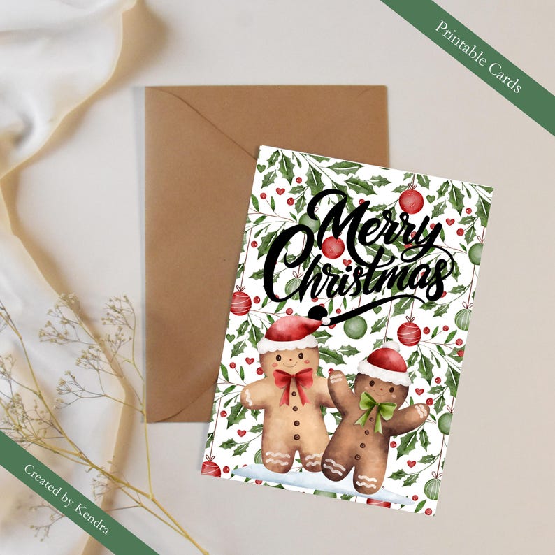 Gingerbread Man Christmas Card Printable, Holiday Illustration (digital ...