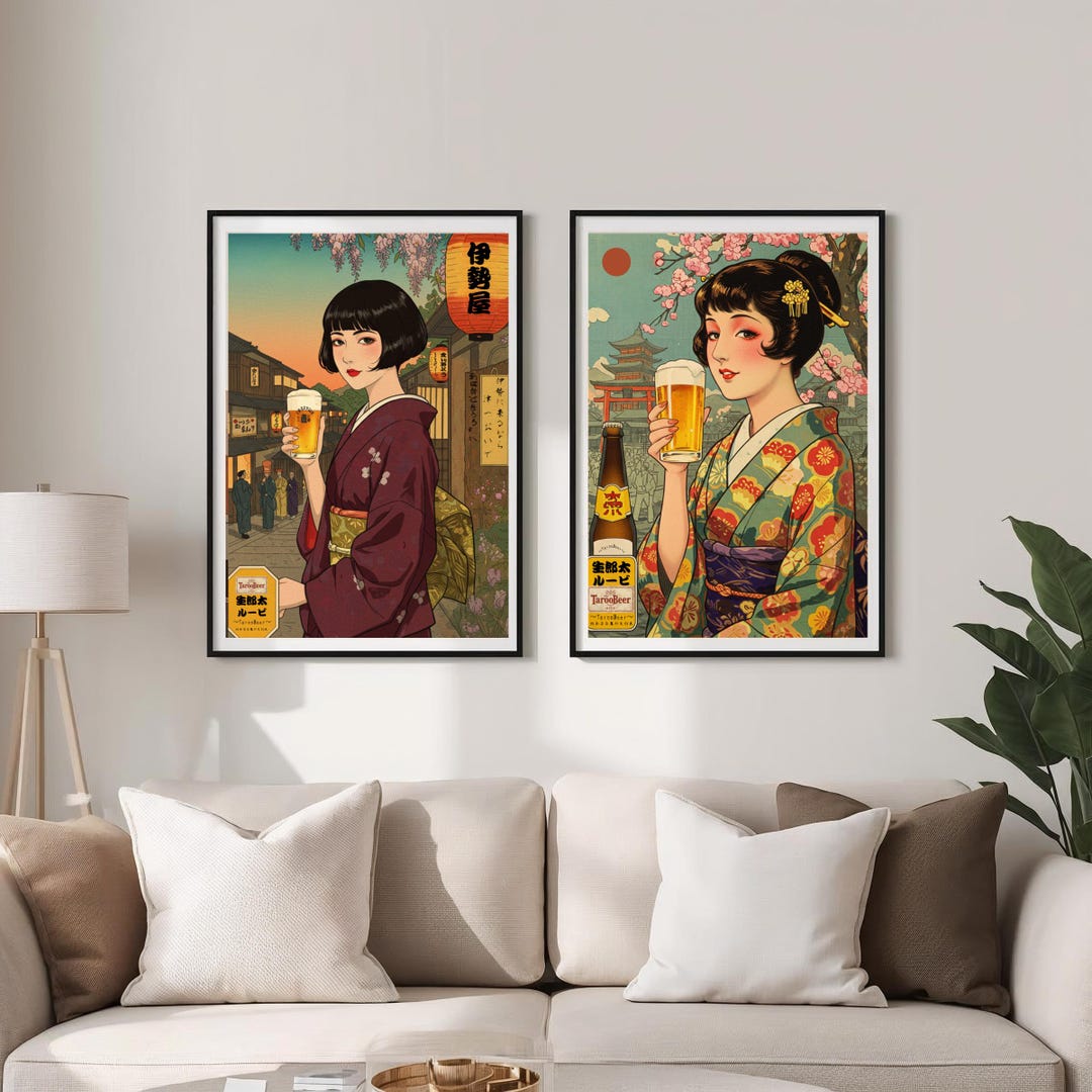 Vintage Japanese Beer Poster Set | Set of 2 Taisho and Showa Retro Beer ...