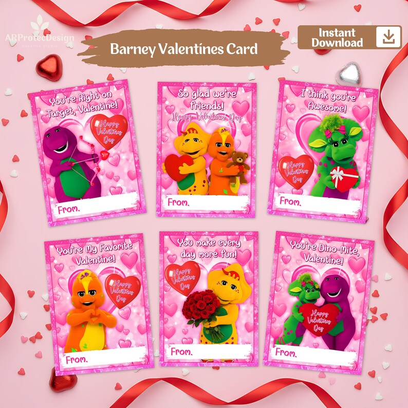 Pink Barney Valentine Cards Printable, Kids Classroom Exchange Digital ...