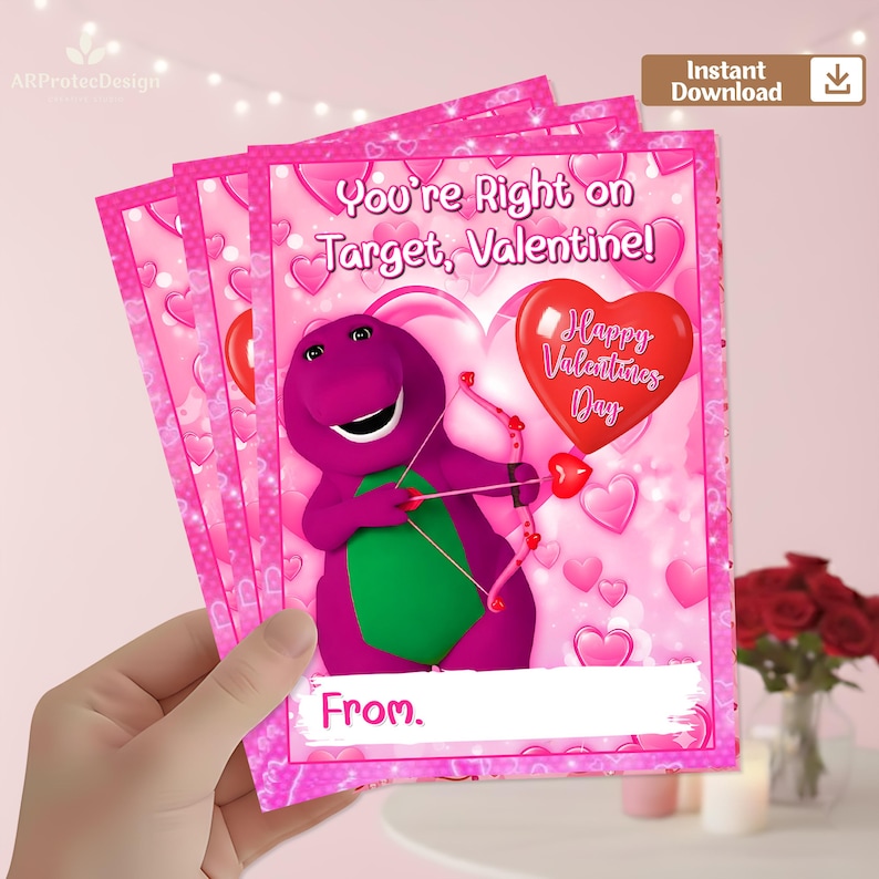 Pink Barney Valentine Cards Printable, Kids Classroom Exchange Digital ...