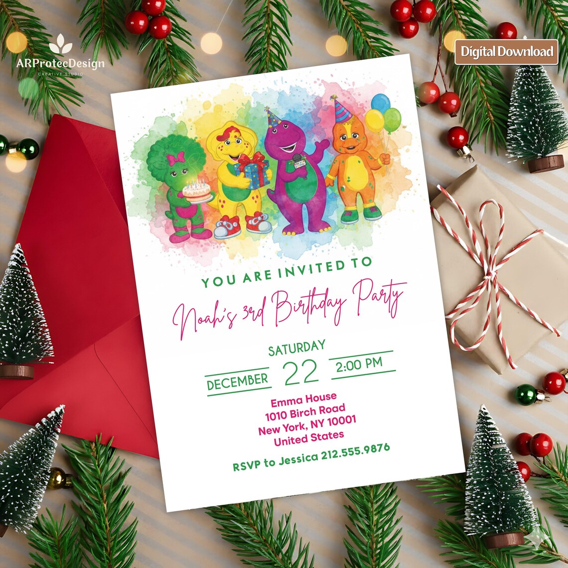 Personalized Barney Birthday Invitation, Watercolor Barney and Friends ...