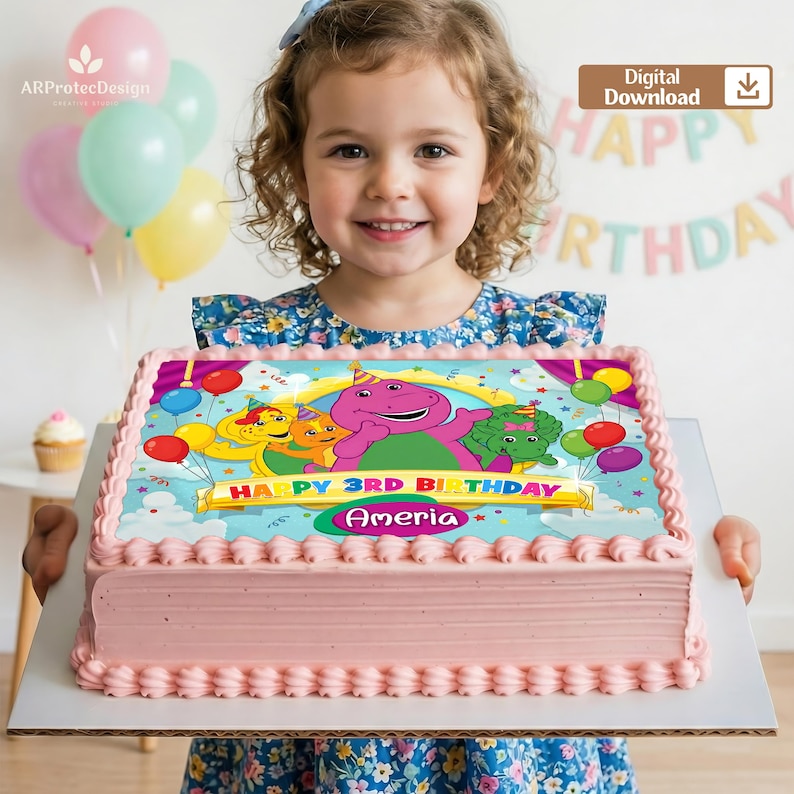 Personalized Barney Cake Topper, Purple Dinosaur Birthday Celebration ...