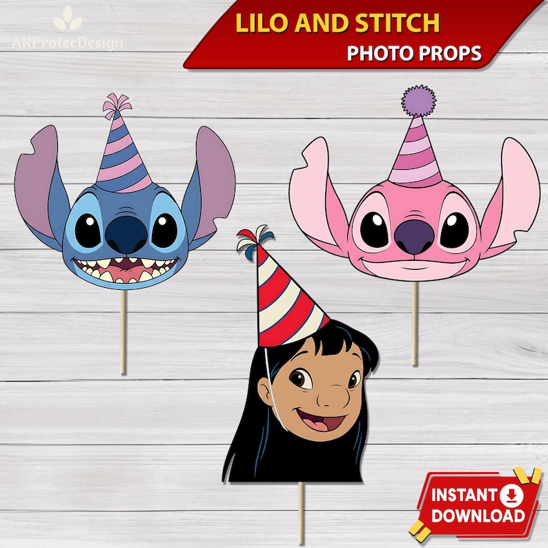 Lilo and Stitch Photo Props, Printable Cartoon Party Masks, Birthday ...
