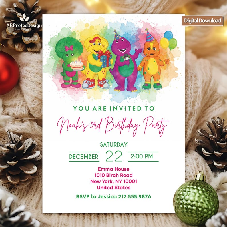 Personalized Barney Birthday Invitation, Watercolor Barney and Friends ...
