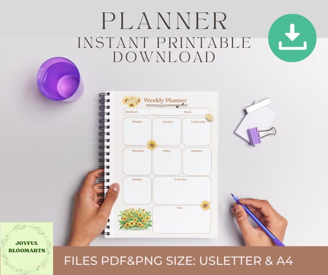 Sunflower Weekly Planner Printable PDF PNG A4 US Letter + Bonus Notes ...