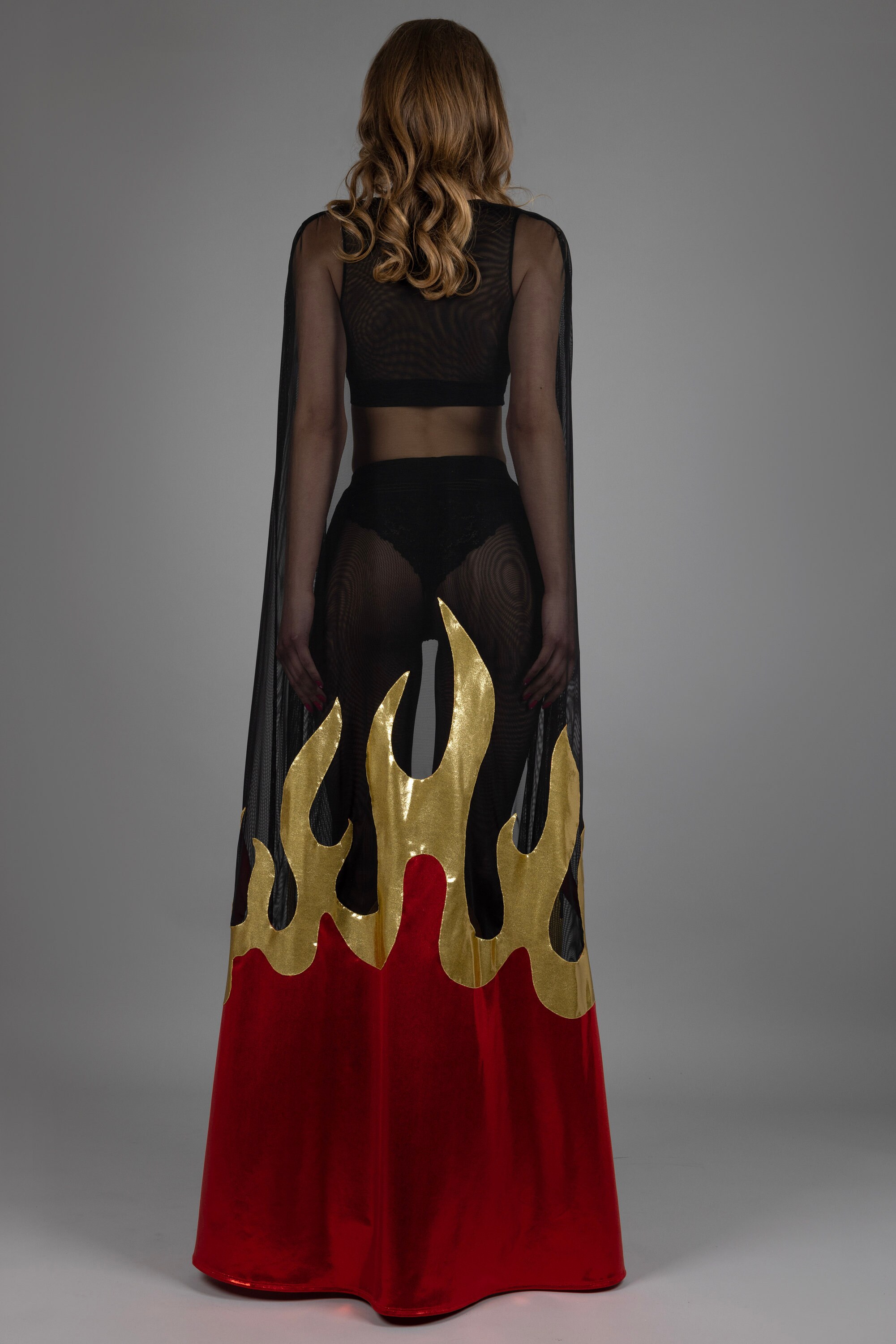 Hellfire Flames Cape Top in Black Mesh & Glitter Red Gold Spandex, by ...