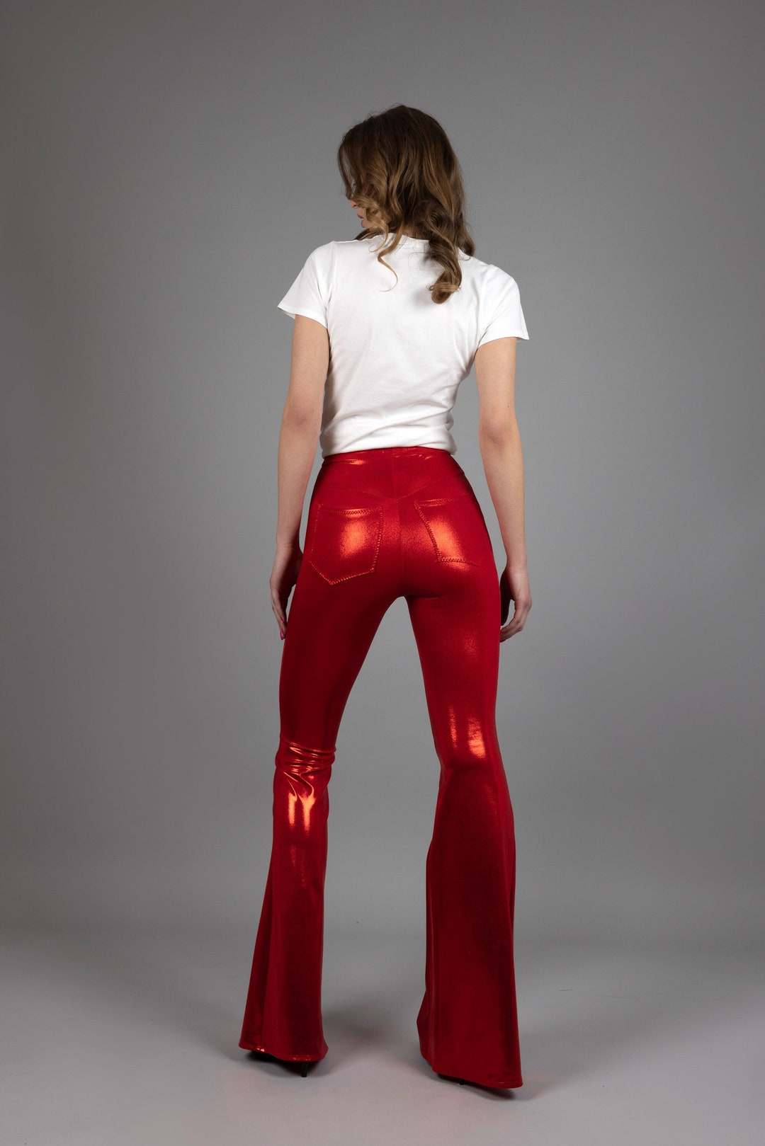 Metallic Red Flare Bell Bottom Leggings With Jeans Back Pockets and ...