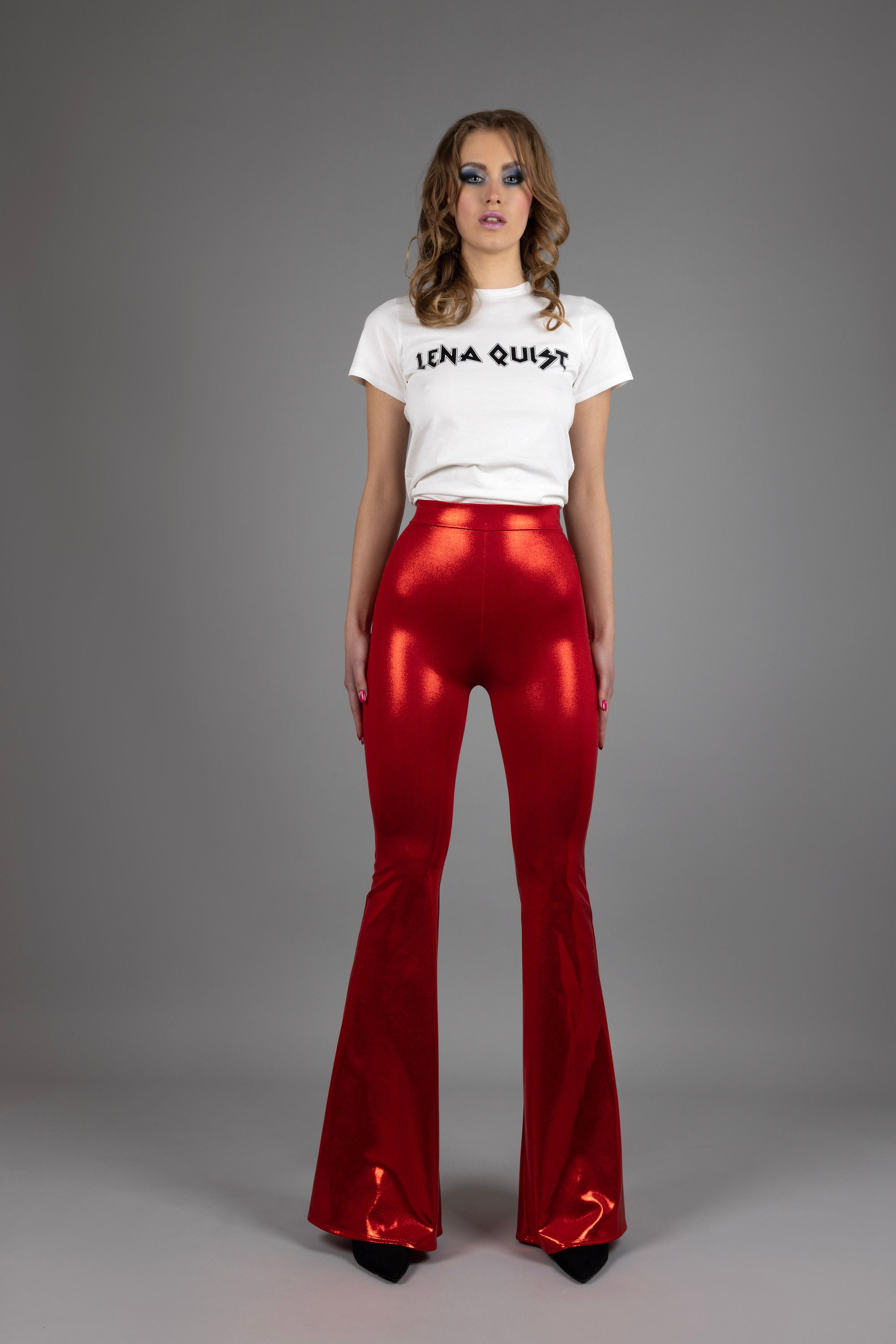 Metallic Red Flare Bell Bottom Leggings With Jeans Back Pockets and ...