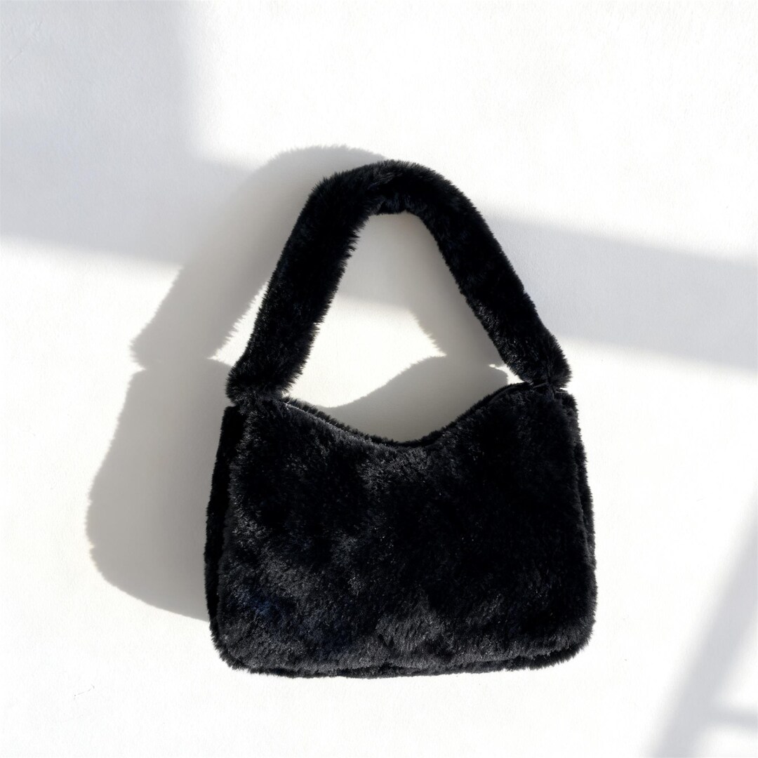 Black Fluffy Bag, Minimalism Cute Fuzzy Purse, Y2K Tote Bag, Hobo Faux ...