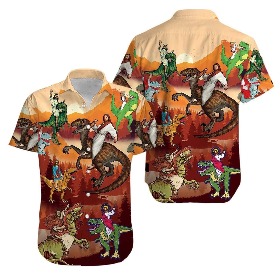 Jesus Riding Dinosaur Hawaiian Shirt, Funny Christian Aloha Shirt ...