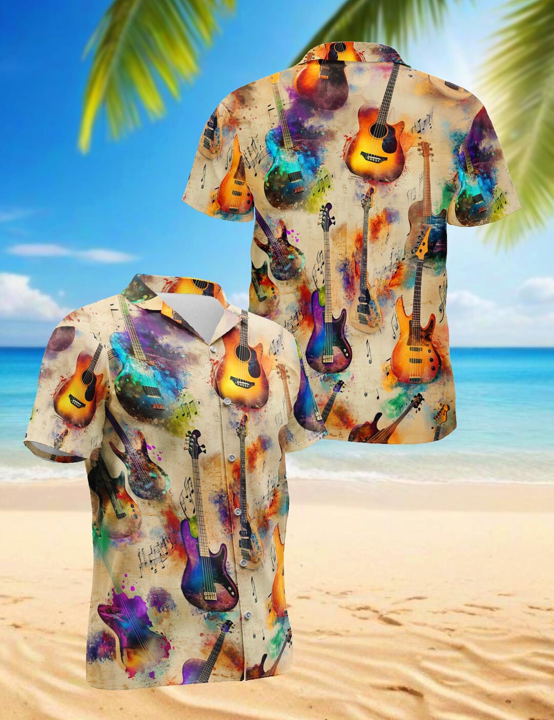 Guitar Hawaiian Shirt, Music Instrument Hawaiian Shirt, Colorful Guitar ...