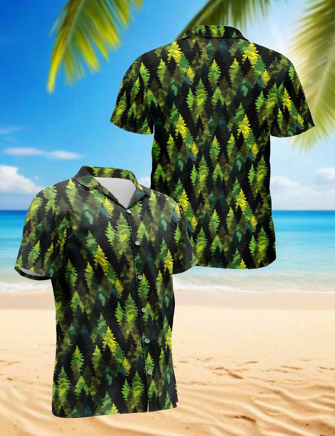 Pine Tree Forest Hawaiian Shirt, Green Woodland Camo Aloha Shirt for ...