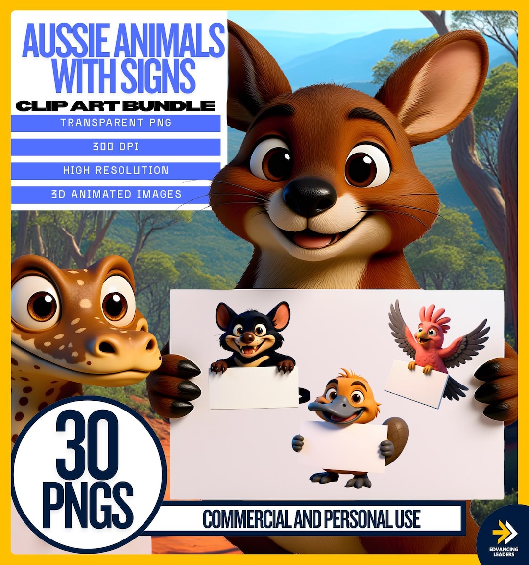 Australian Animals With Signs Clipart Bundle: 30 Australian Animal Pngs ...