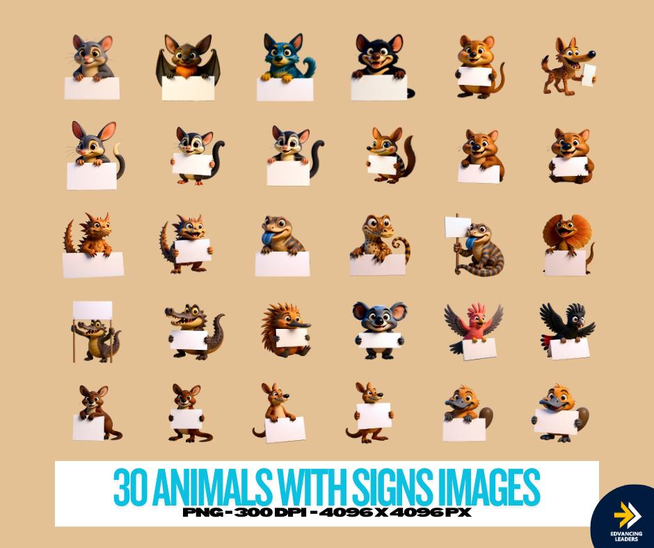 Australian Animals With Signs Clipart Bundle: 30 Australian Animal Pngs ...