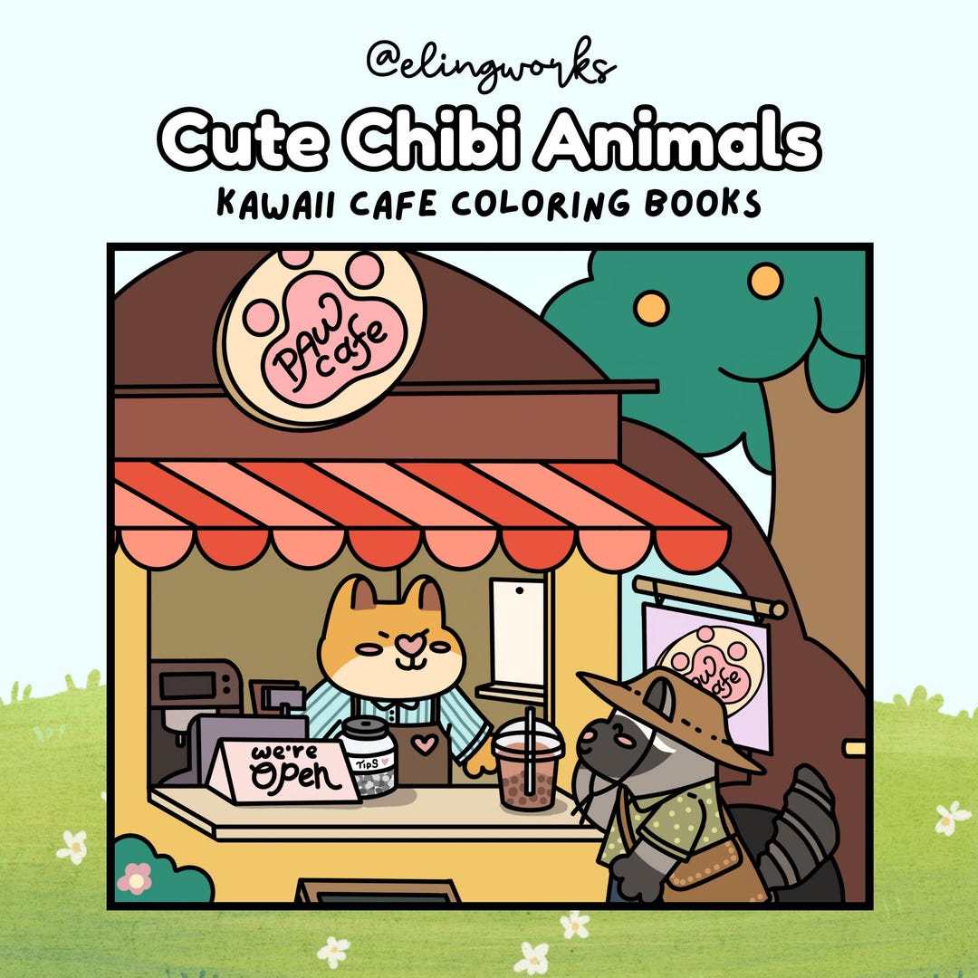 Kawaii Cafe Coloring Book Printable PDF | Cute City & Chibi Animal ...