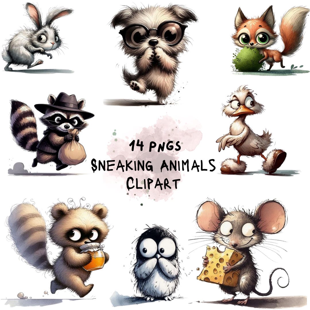 14 Sneaking Animals Clipart Bundle, Cute Watercolor Animal PNG, Funny ...