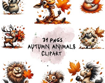 Watercolor Cute Autumn Animals Clipart Bundle, Boho Fall PNG, Autumn ...