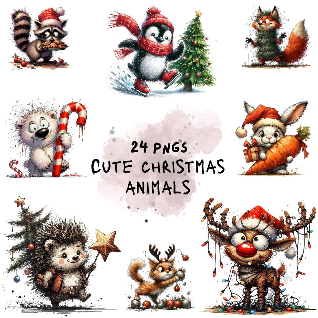 24 Cute Christmas Animals Clipart Bundle - Watercolor Holiday PNG ...