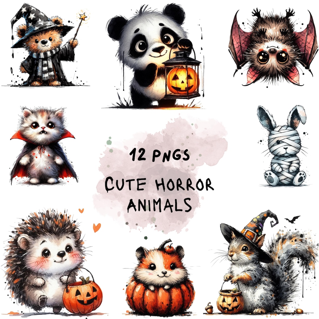 12 Cute Horror Animals Clipart Bundle | Halloween Watercolor Animal ...