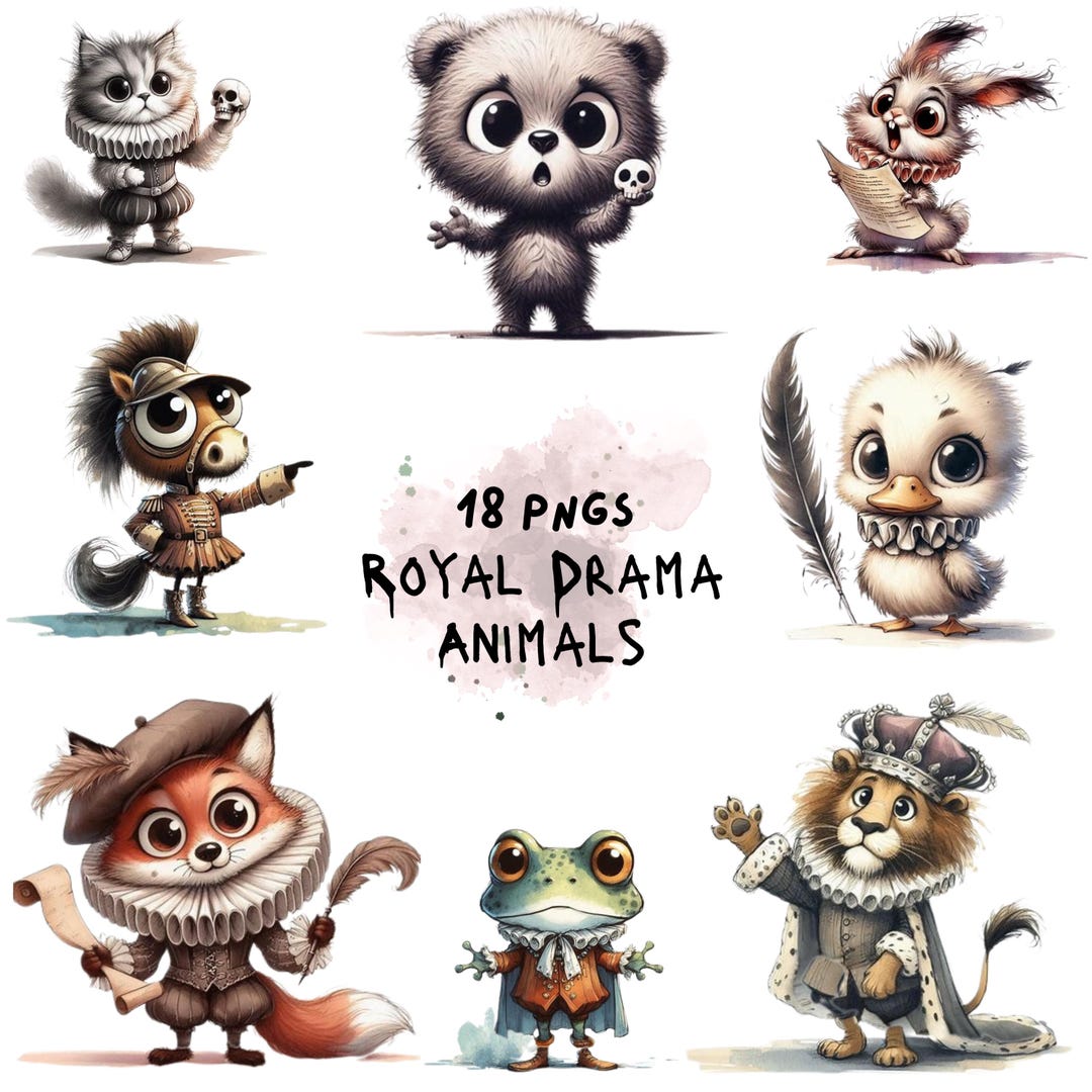 Royal Drama Animals Clipart – Funny Watercolor PNG Bundle (digital ...