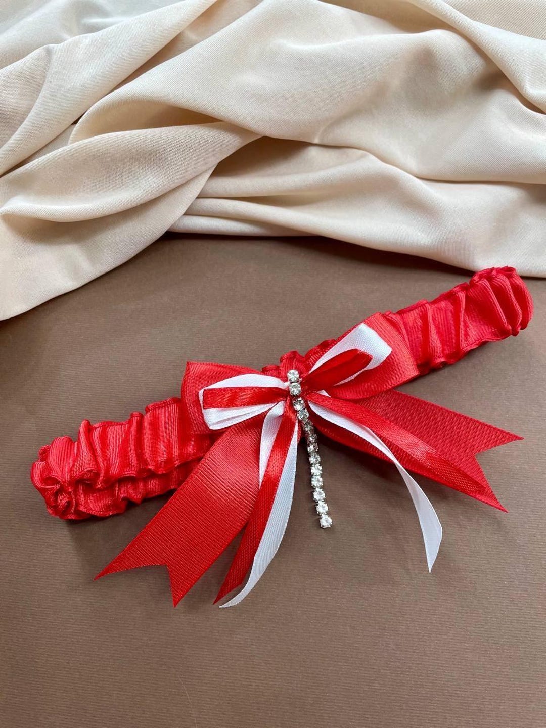Red Satin Bridal Garter: Handmade Rhinestone Bow, Adjustable Fit - Etsy
