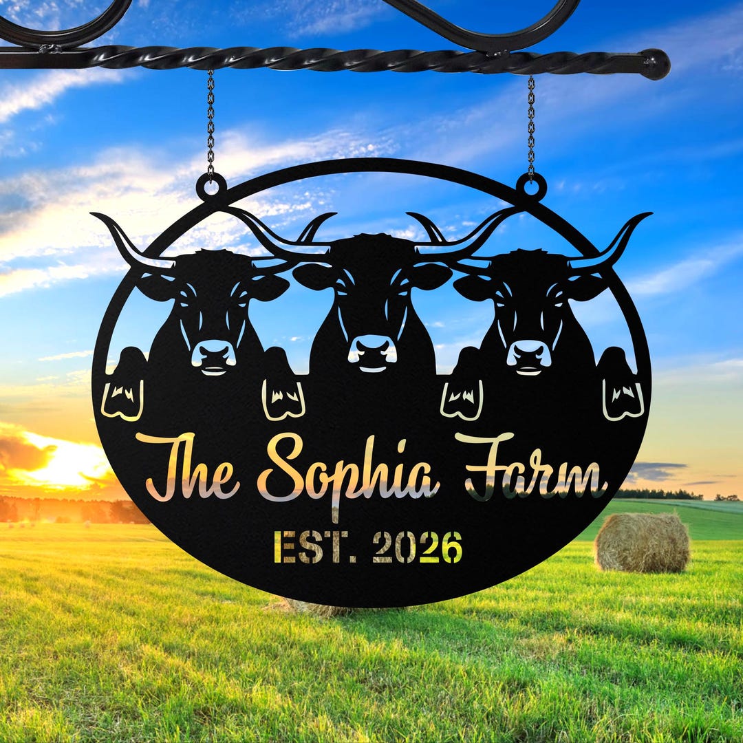 Personalized Cattle Farm Metal Sign, Custom Longhorn Ranch Name Sign ...