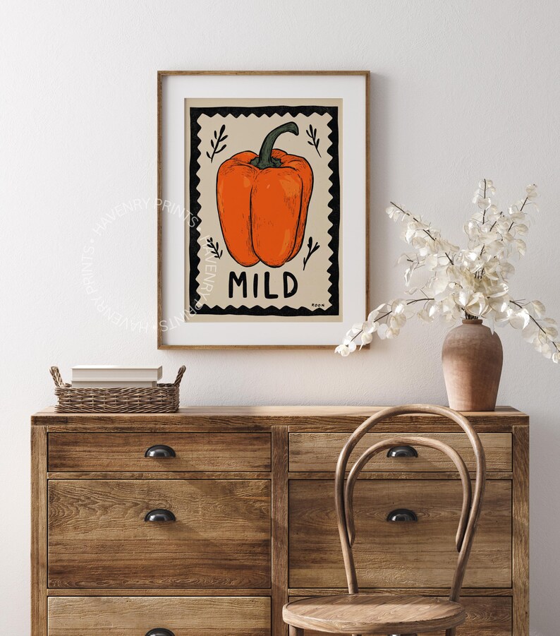 Rustic Printable Bell Pepper Wall Art - Hand-drawn Retro Farmhouse ...