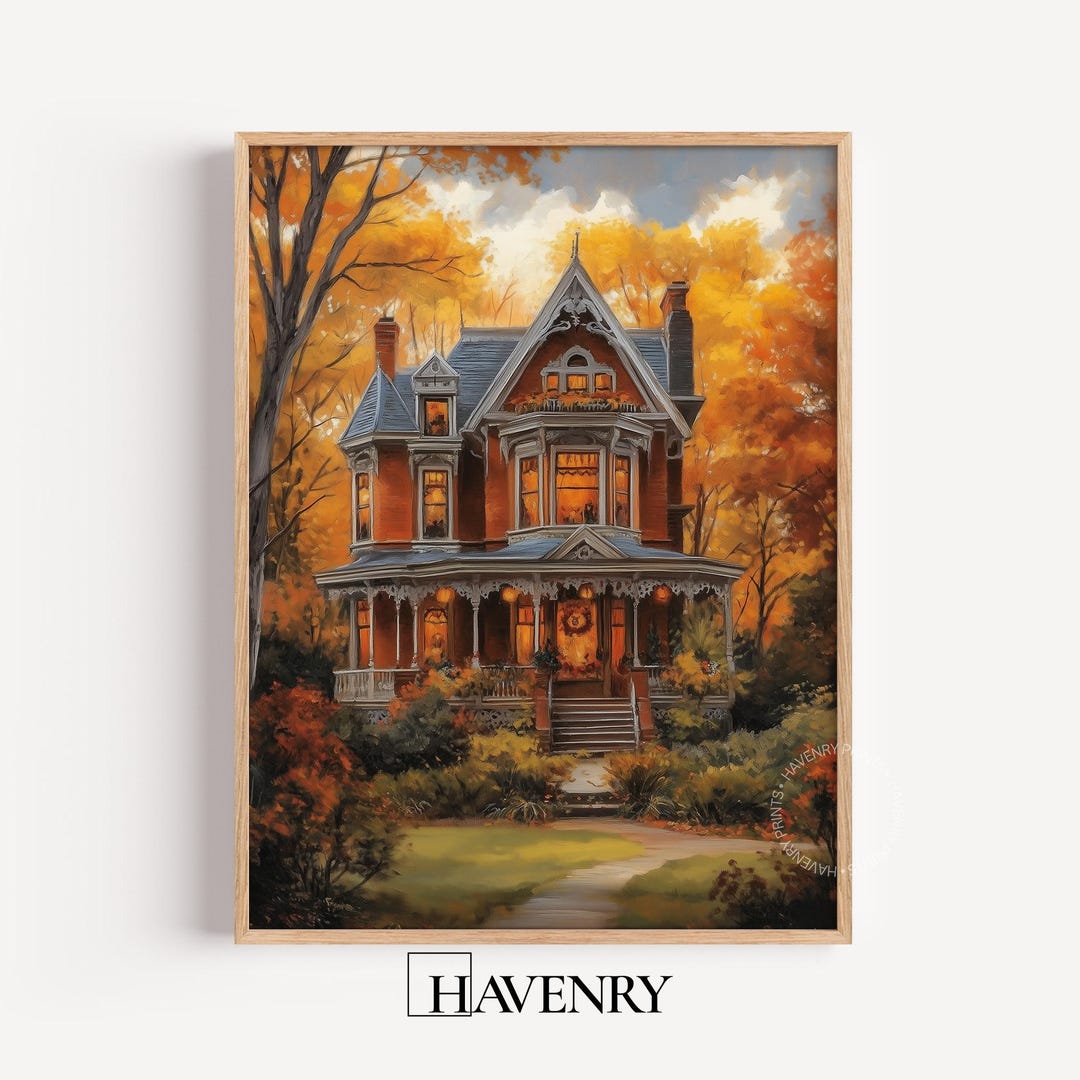 Victorian House Painting - Cozy Autumn Scene With Golden Foliage, Moody ...