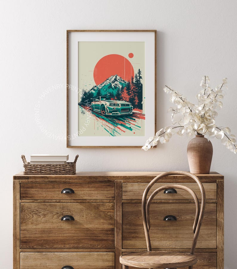 Vintage JDM Race Car With Mountain Landscape - Printable Retro Racing ...