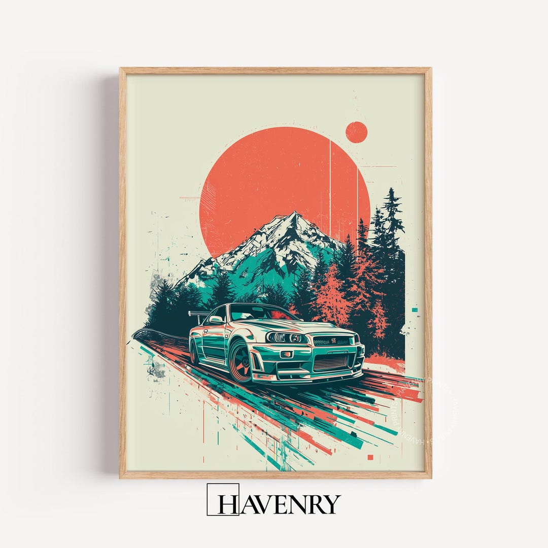 Vintage JDM Race Car With Mountain Landscape - Printable Retro Racing ...
